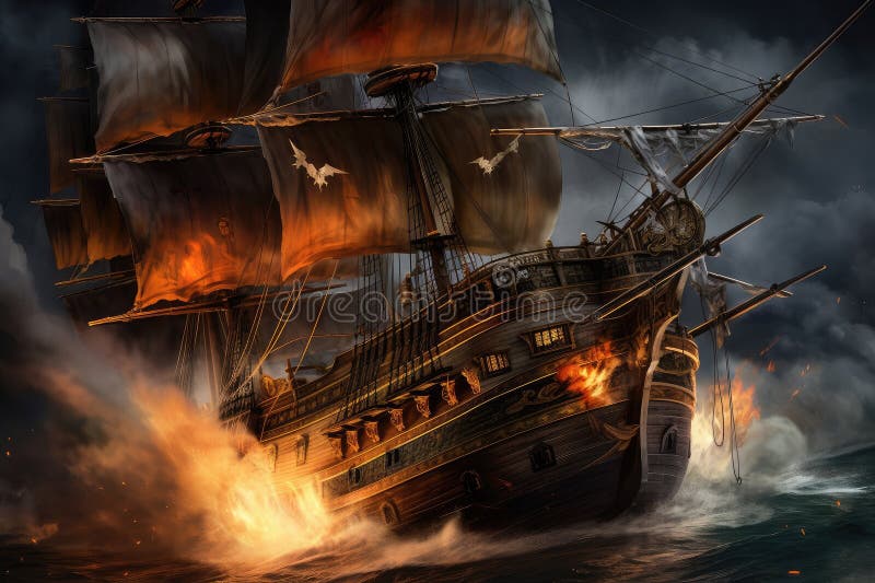 Pirate Ship Under Attack from Enemy Fire, with Smoke and Flames ...