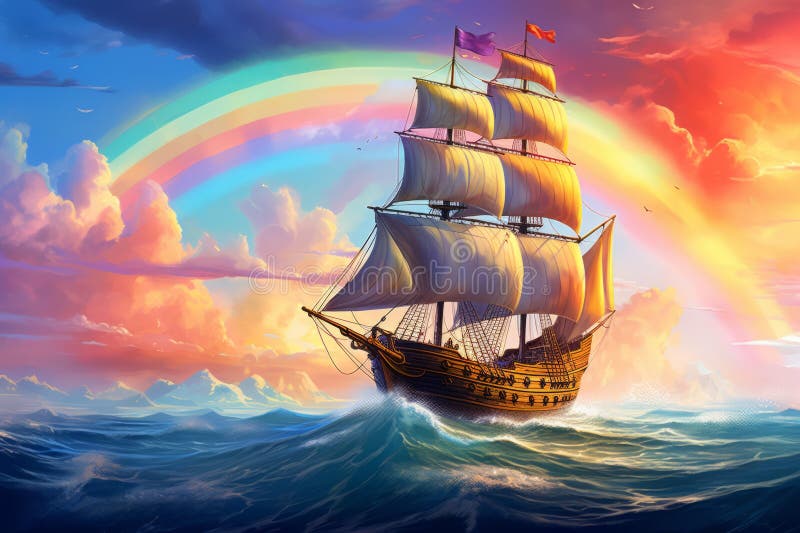 Pirate Ship Under Vibrant Rainbow Stock Illustration - Illustration of ...