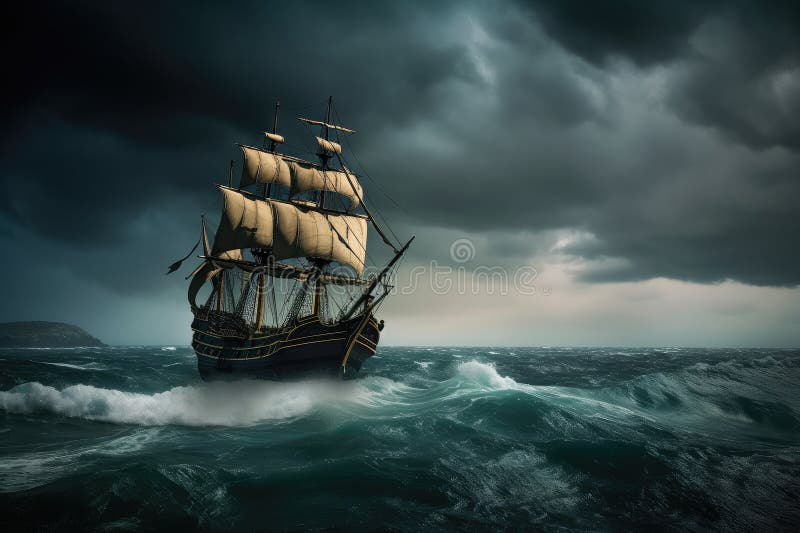 Pirate Ship, with View of Rolling Waves and Stormy Sky, in Dramatic ...