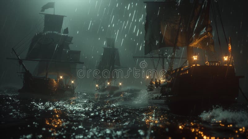 Pirate Ships Fighting during a Storm, Stock Photo - Image of raytracing ...