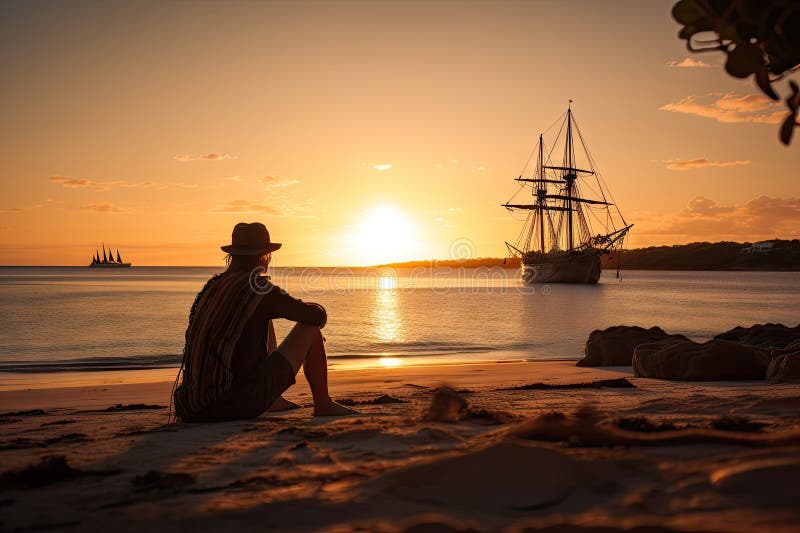 Pirate, Sitting on Beach at Sunset, with View of Sailboat in the ...