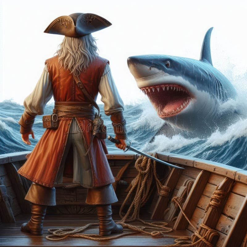 A Pirate Stands on a Ship in Front of a Shark. Stock Photo - Image of ...