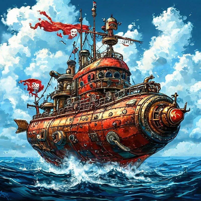 Pirate Submarine - Fantasy Drawing Stock Illustration - Illustration of ...