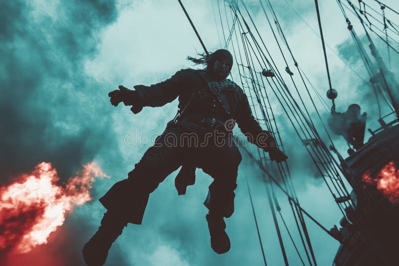 A Pirate Swinging from Rigging As Cannons Fire in a Storm Stock ...