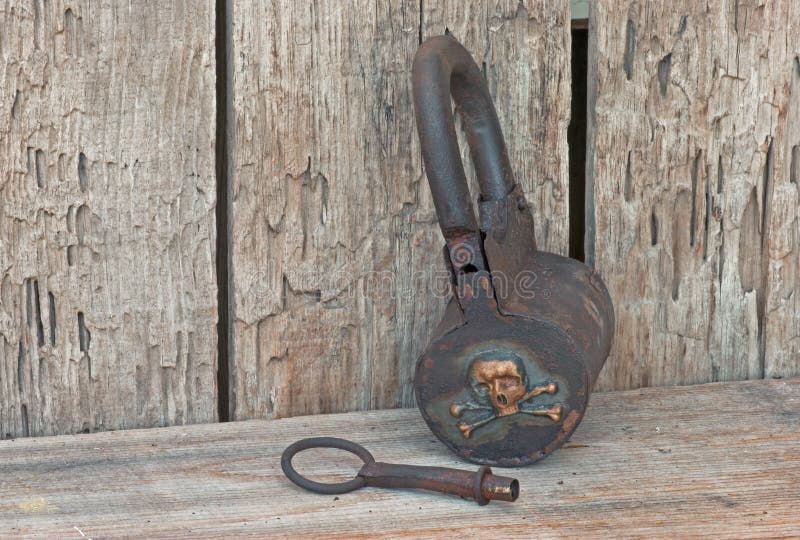 Pirate Treasure Lock & Key on Old Wood Shelf Stock Photo - Image of ...