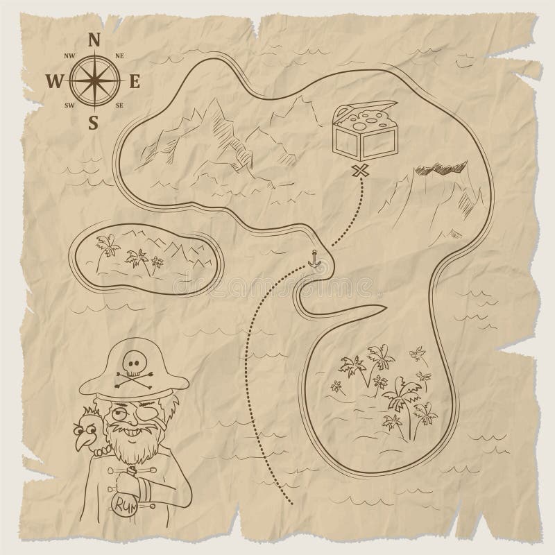 Pirate Treasure Map of the Island on Old Paper. Stock Illustration ...