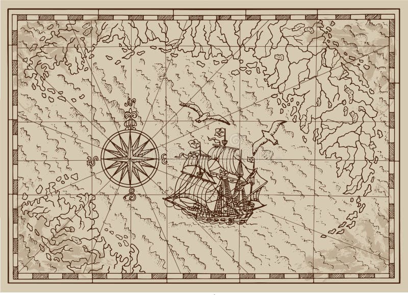 Pirate Treasure Map with Old Ship and Compass in Frame Stock Vector ...