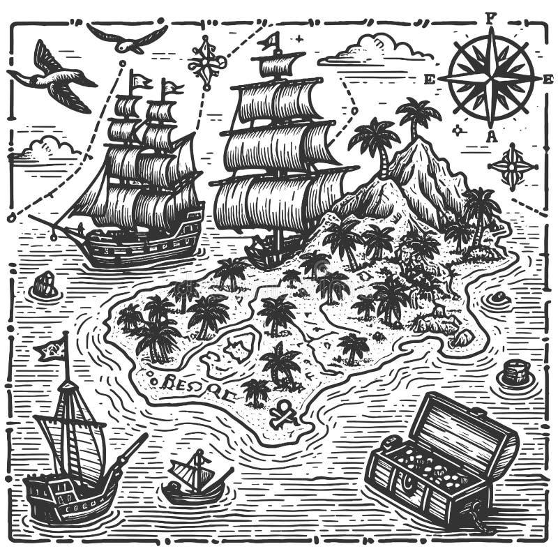 Pirate Treasure Map with Sailing Ships Vector Stock Illustration ...