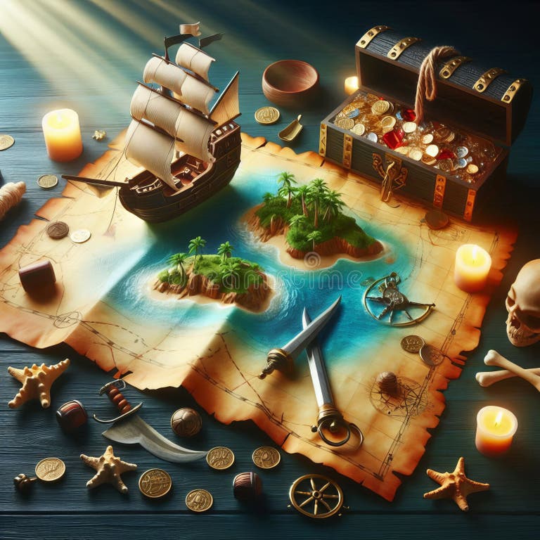 Pirate Treasure a Treasure Map with a Pirate Ship and Island Stock ...