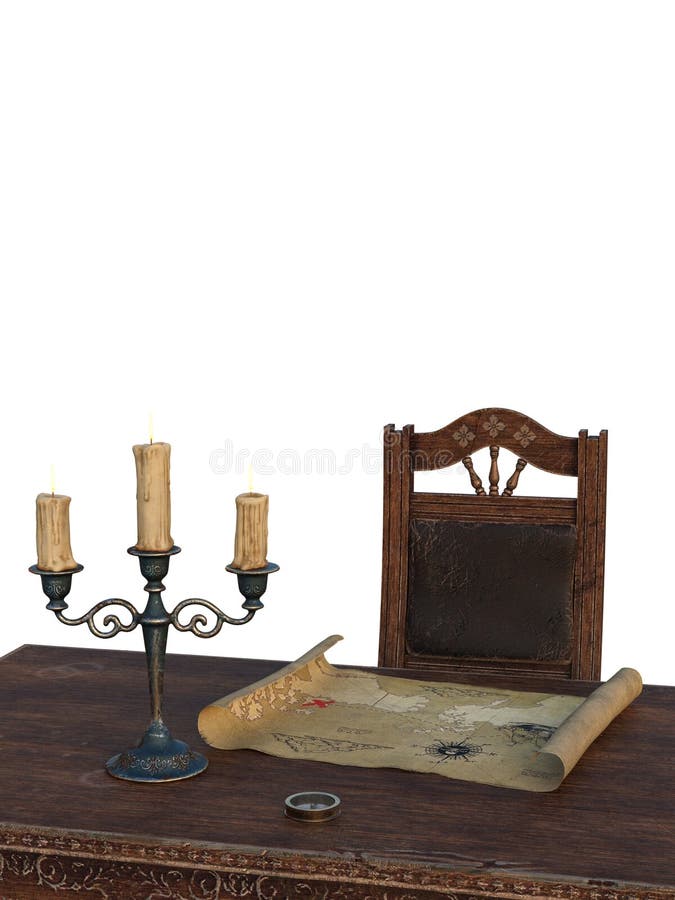 Pirate Treasure Map on Table with Candlestick and Compass. Isolated 3D ...
