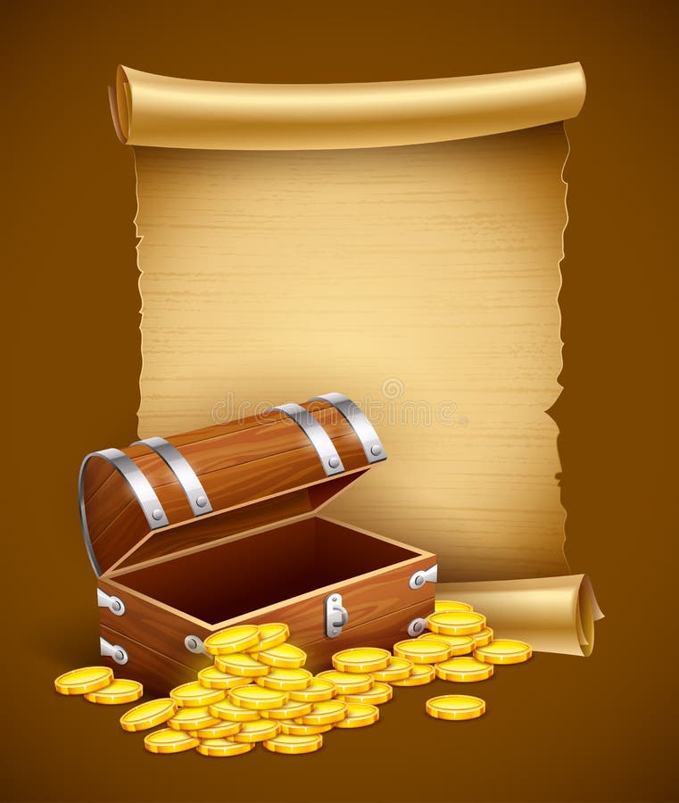 Pirate Treasures in Trunk and Old Script. Vector Illustration ...