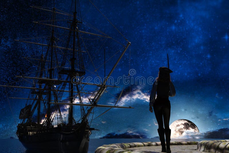 Pirate Woman Watching the Pirate Sail Ship at Moonlight Stock ...