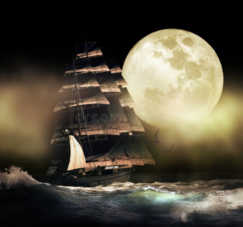 Piratenboot unter dem Mond stock abbildung. Illustration von pirat ...