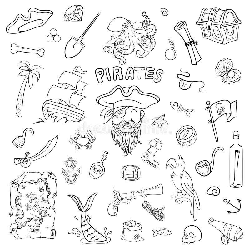 A Set of Pirate Items. Contour Elements Stock Vector - Illustration of ...