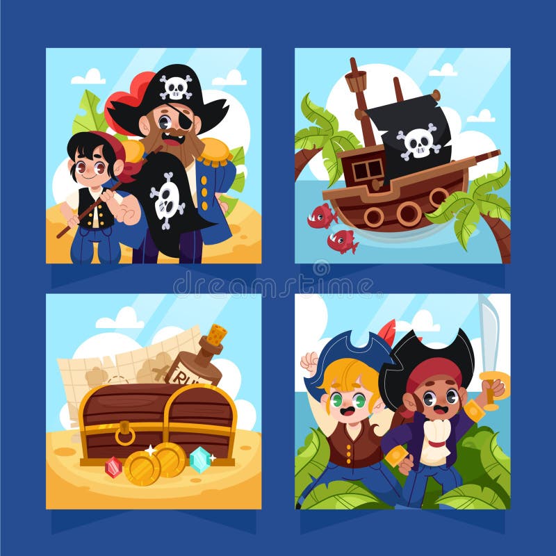Pirates Cartoon Square Cards Set Stock Illustration - Illustration of ...