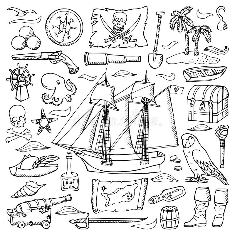 Pirates hand drawn set stock vector. Illustration of adventure - 67729336