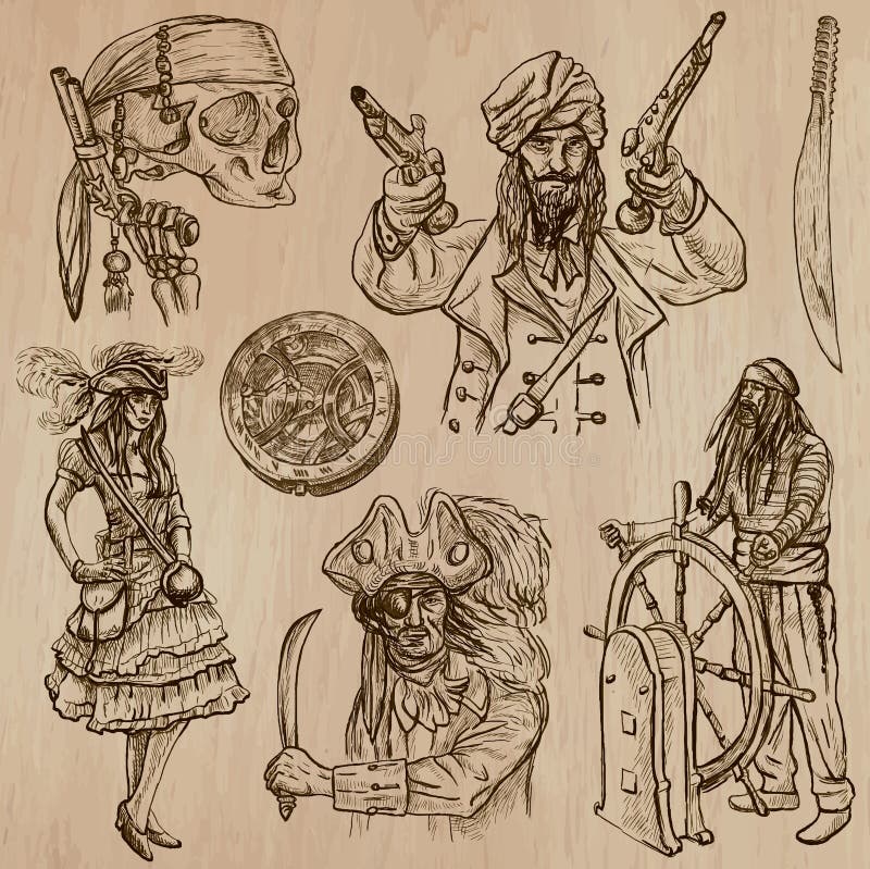 Pirates. an Hand Drawn Illustration. Freehand Drawing, Painting. Stock ...
