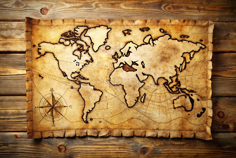 Pirates Old Parchment Treasure Map on Wood Table Stock Illustration ...