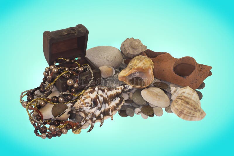 Treasures on the Seabed. Sunken Chest with Gold and Ship Under Water 3d ...