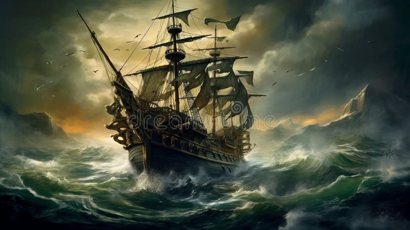 Pirates Ship in Open Sea. Generative AI Stock Illustration ...