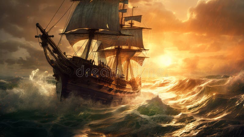 Pirates Ship in Open Sea. Generative AI Stock Illustration ...