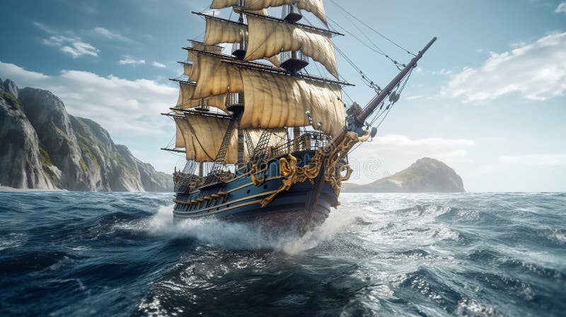 Pirates Ship in Open Sea. Generative AI Stock Illustration ...