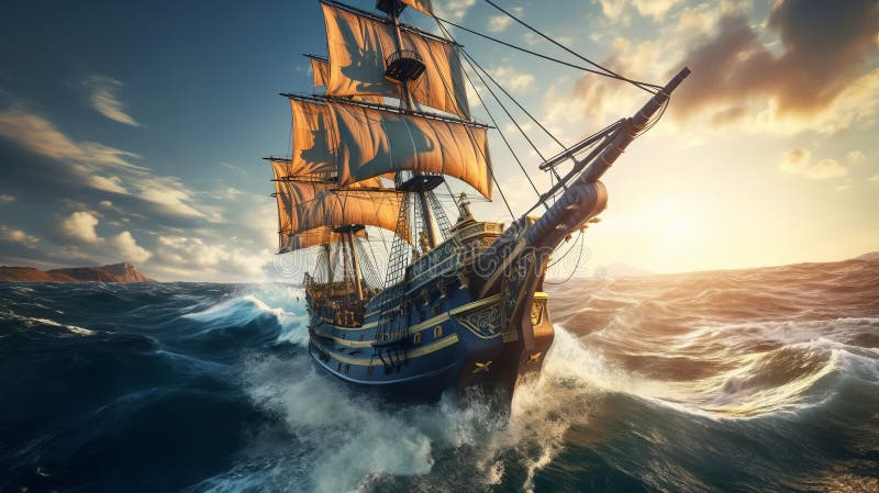 Pirates Ship in Open Sea. Generative AI Stock Illustration ...