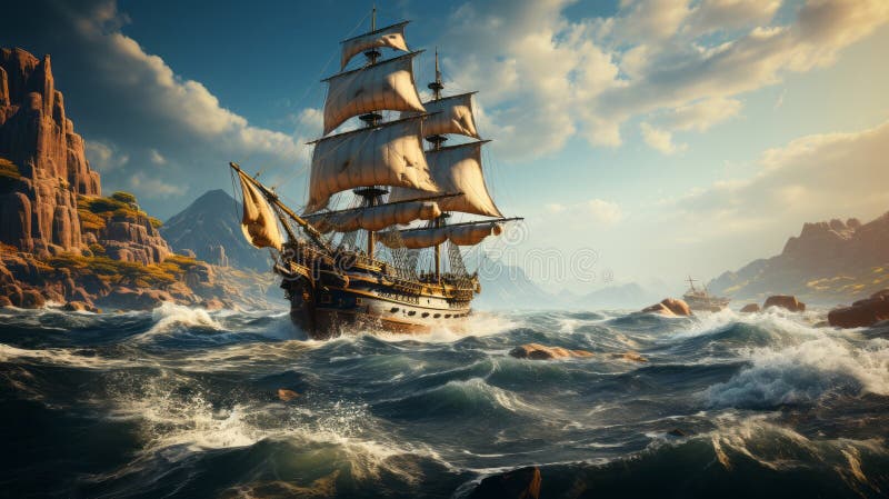 Pirates Ship in Open Sea. Generative AI. Stock Image - Image of navy ...