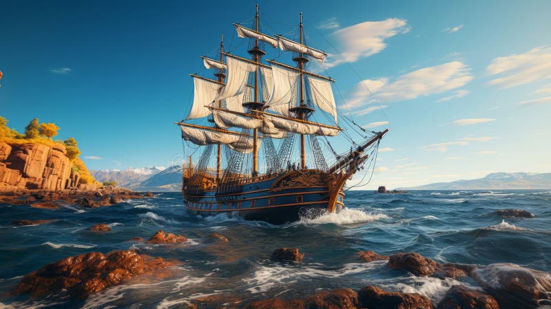 Pirates Ship in Open Sea. Generative AI. Stock Illustration ...