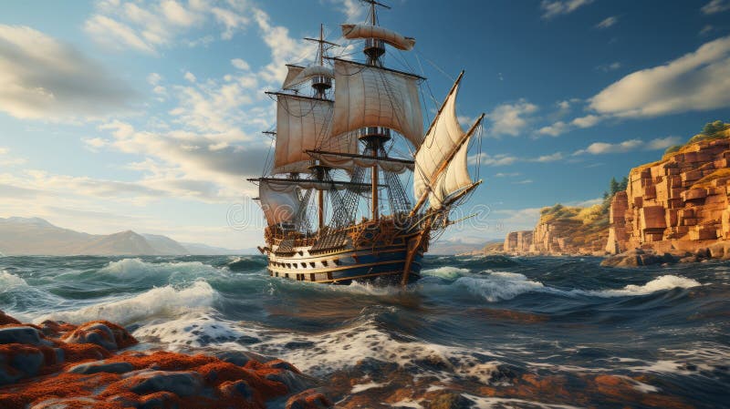 Pirates Ship in Open Sea. Generative AI. Stock Illustration ...