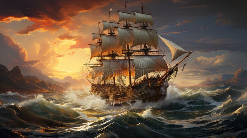 Pirates Ship in Open Sea. Generative AI. Stock Illustration ...