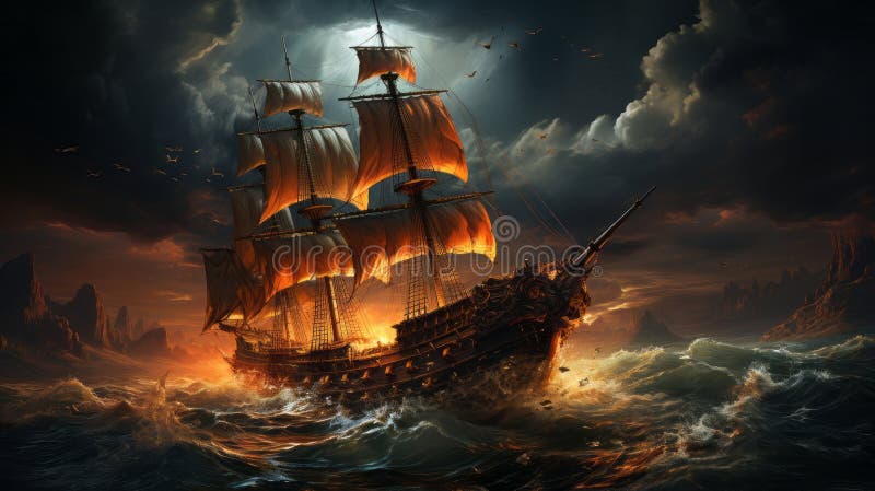 Pirates Ship in Open Sea. Generative AI. Stock Illustration ...