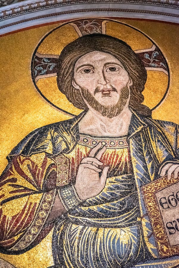 Close-up on Golden Mosaic Showing Jesus Making a Bless Editorial Image ...
