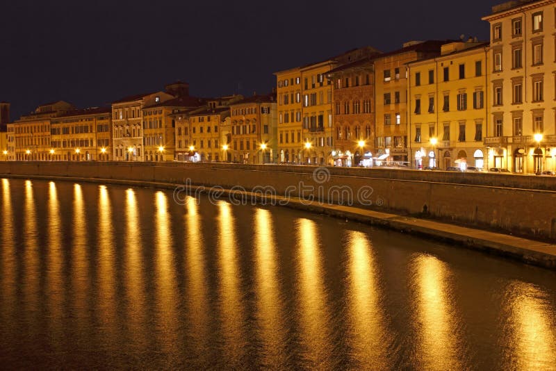 Pisa Riverside Night View in Italy Stock Image - Image of building ...