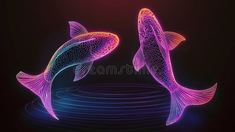 Pisces Duality Neon Fish in Harmonious Dance, Purple and Blue, Against ...