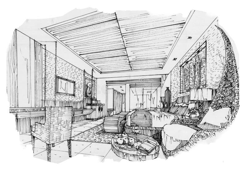 Piscine Interne Di Prospettiva Di Schizzo, Interior Design in Bianco E ...