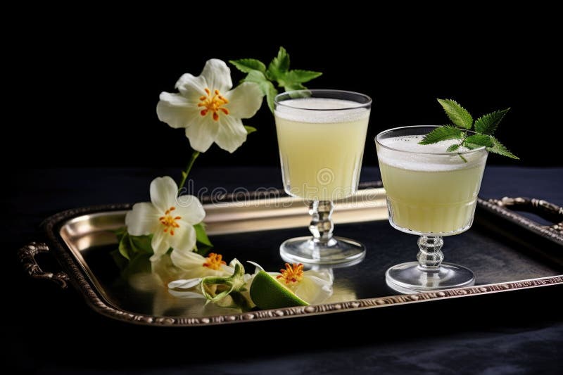 Pisco Cocktail Garnished with Flowers and Greenery on a Tray Stock ...