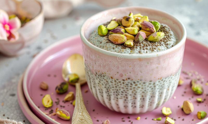 Pistachio and Chia Seed Pudding with Pistachio Topping on a Pastel Pink ...