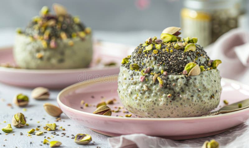 Pistachio and Chia Seed Pudding with Pistachio Topping on a Pastel Pink ...