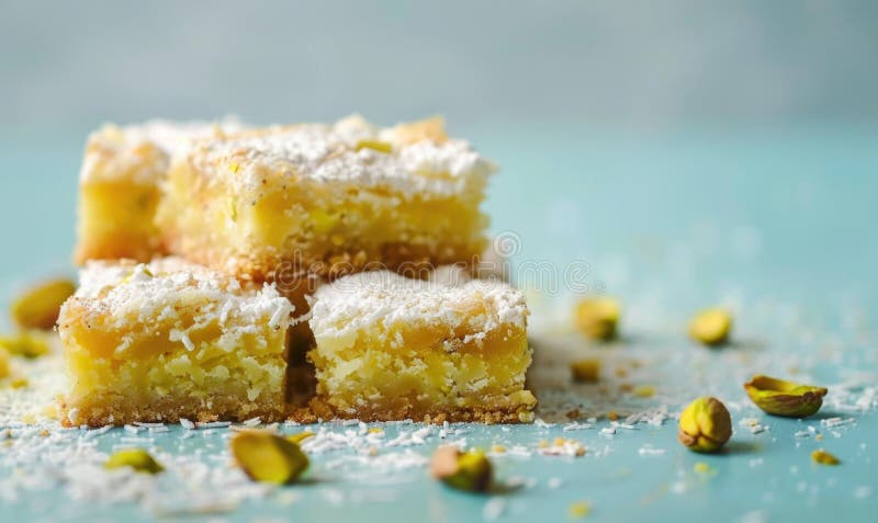 Pistachio Coconut Bars Powdered Sugar Light Blue Background Stock ...