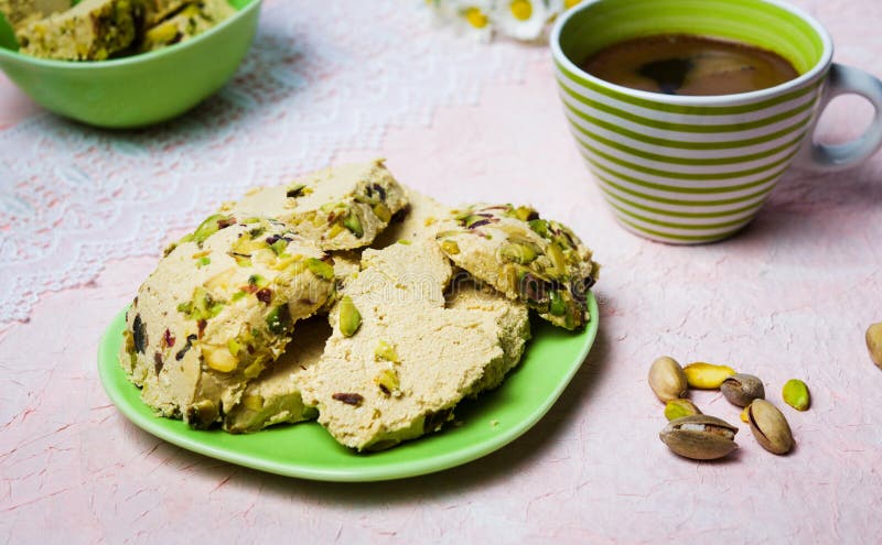 Pistachio Halva Dessert Served with Coffee Stock Image - Image of ...