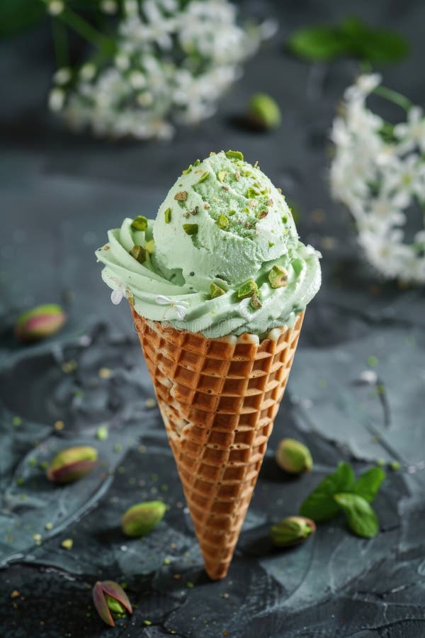 Pistachio Ice Cream Cone with Mint Garnish on Dark Background Stock ...