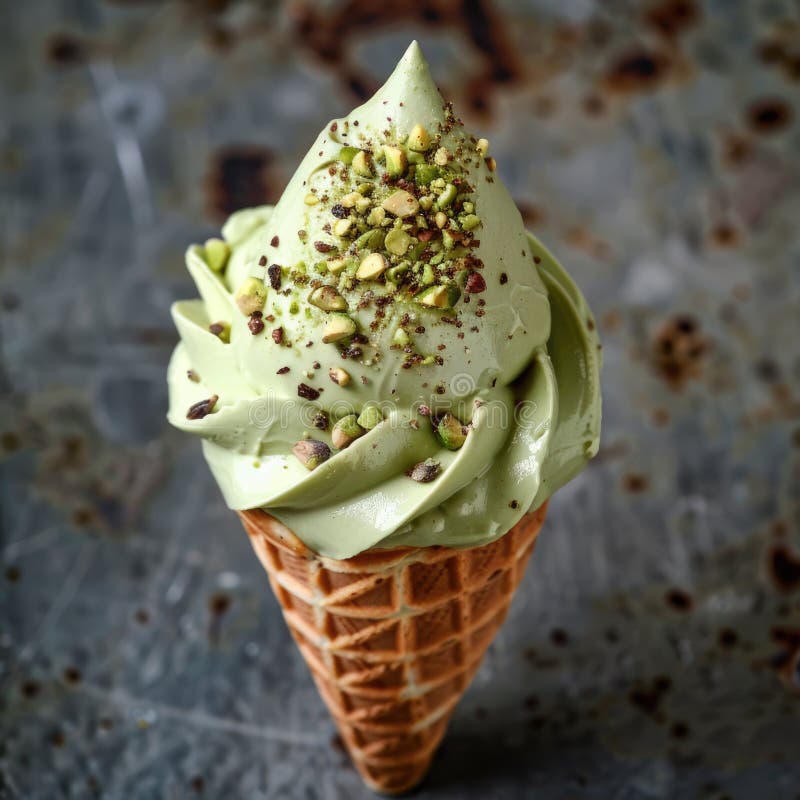 Pistachio Ice Cream Cone with Mint Garnish on Dark Background Stock ...