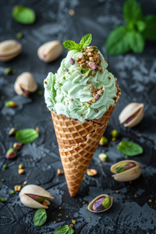 Pistachio Ice Cream Cone with Mint Garnish on Dark Background Stock ...