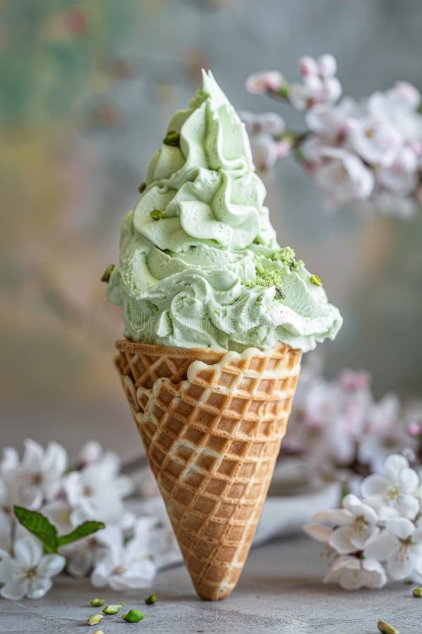 Pistachio Ice Cream Cone with Mint Garnish on Light Background Stock ...