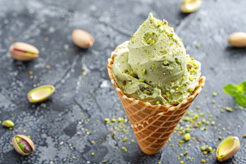 Pistachio Ice Cream Cone with Mint Garnish on Light Background Stock ...