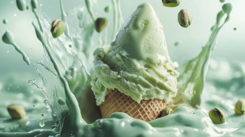 Pistachio Ice Cream Splash in a Cone Stock Illustration - Illustration ...