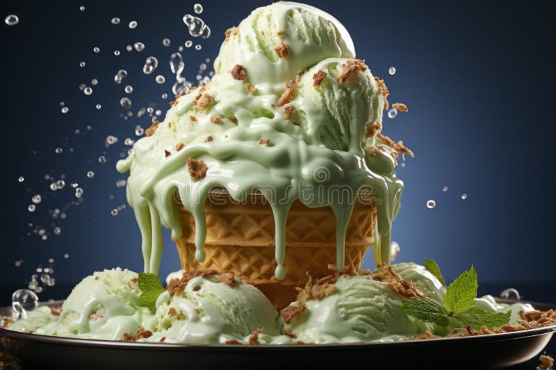 Pistachio Ice Cream Splashing in Waffle Cone. Generative AI Stock ...
