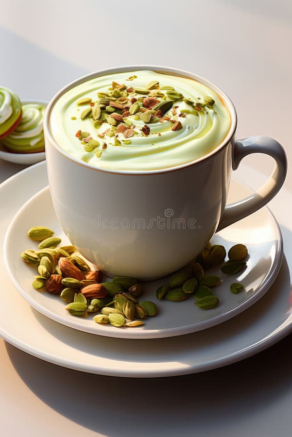 Pistachio Latte in a White Cup on a Saucer on the Table Stock ...
