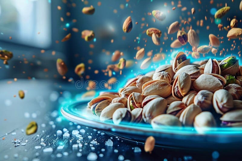 Pistachio Nuts with Salt Falling in the Air on a Blue Plate Stock ...